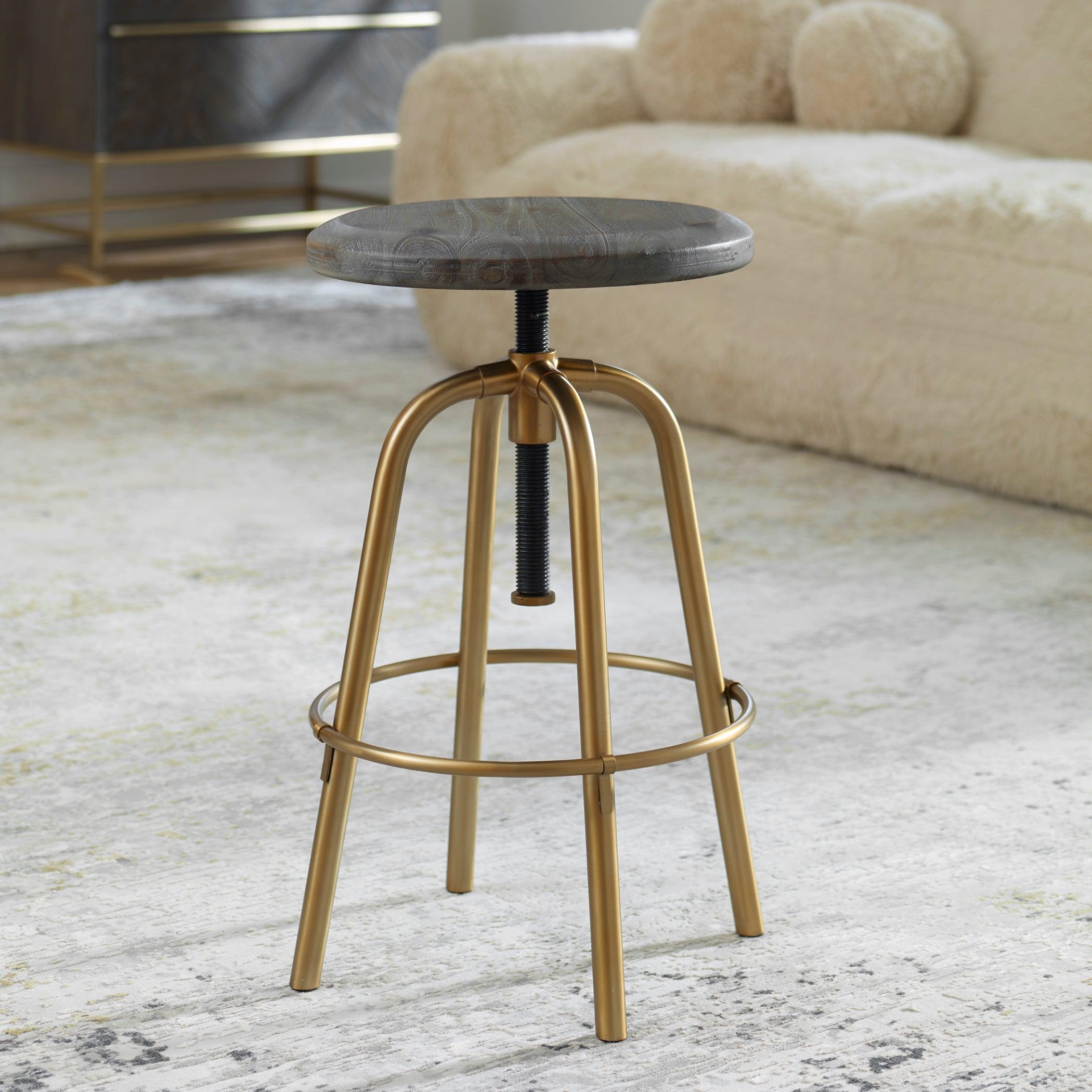 Modern Adjustable Bar Stool in Brushed Brass - Revolve Brass Counter Stool