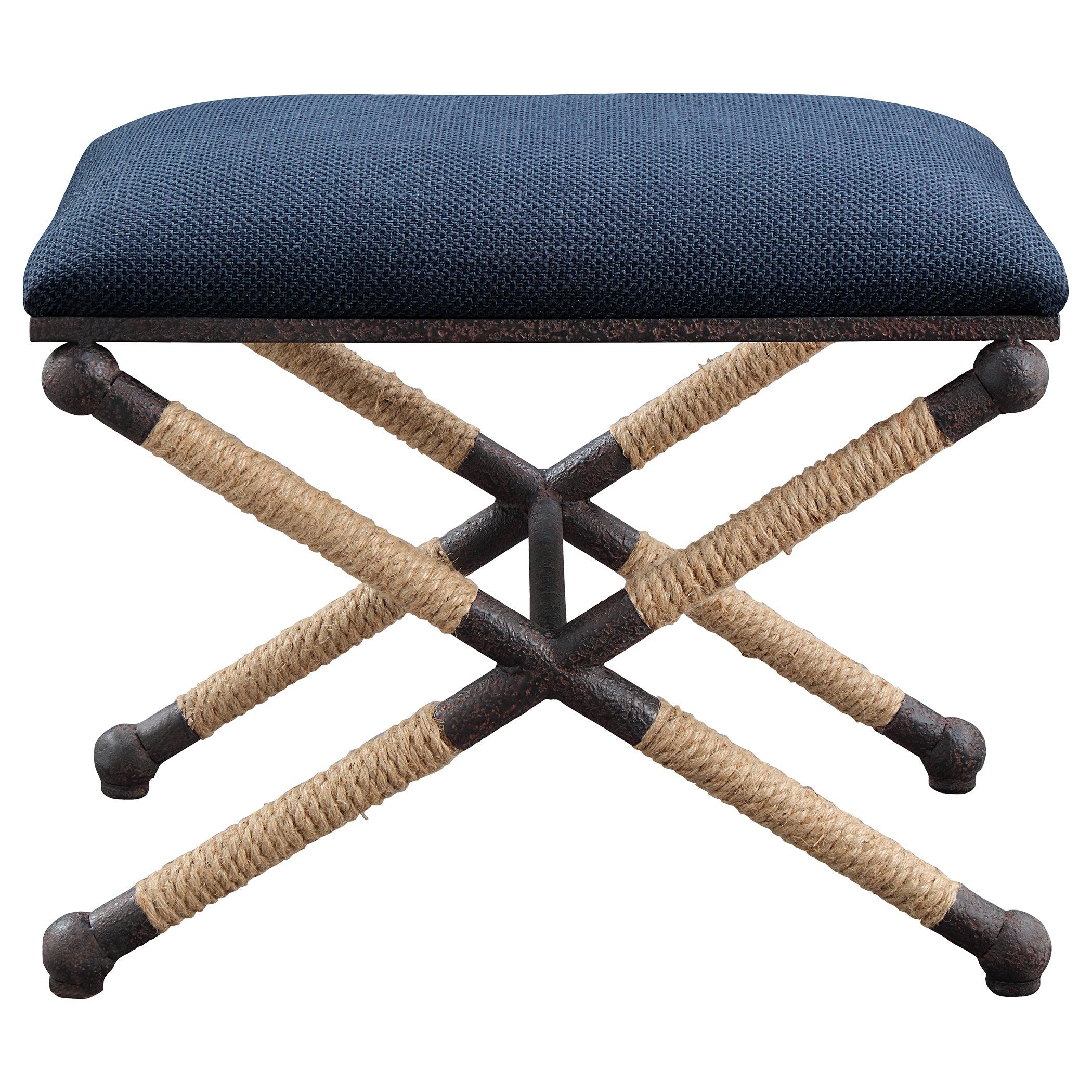 Nautical Decor Navy Bench: Small Fabric Bench with Rustic Iron Frame