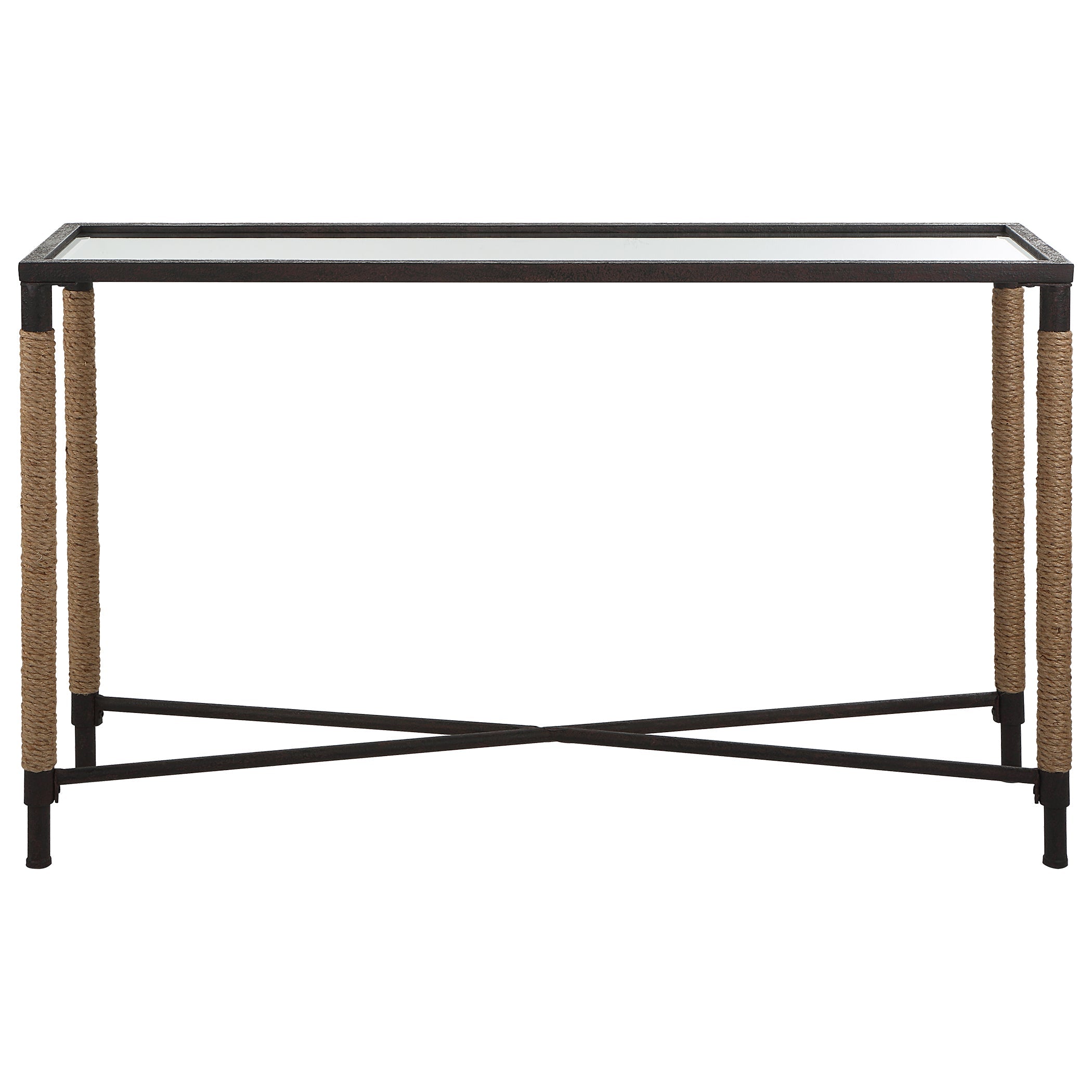 Coastal Console Table | Rustic Iron Frame with Natural Fiber Rope Accents