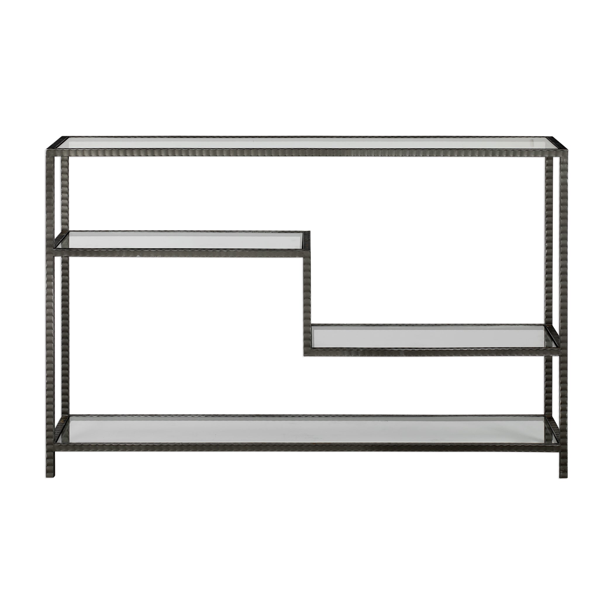 Leo Industrial Console Table: Multi-Level Display with Glass Shelves