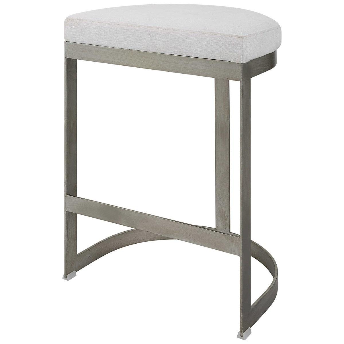 Ivanna Counter Stool in Silver | Hand Forged Iron Base | White Linen Blend