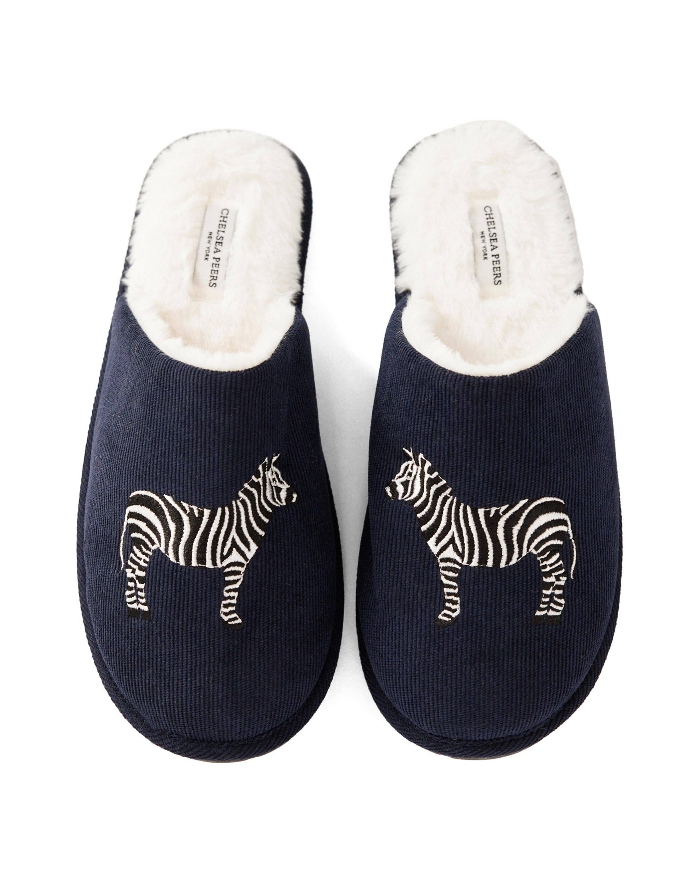 Navy Slippers - Corduroy Navy Zebra Print Slippers - X-SMALL