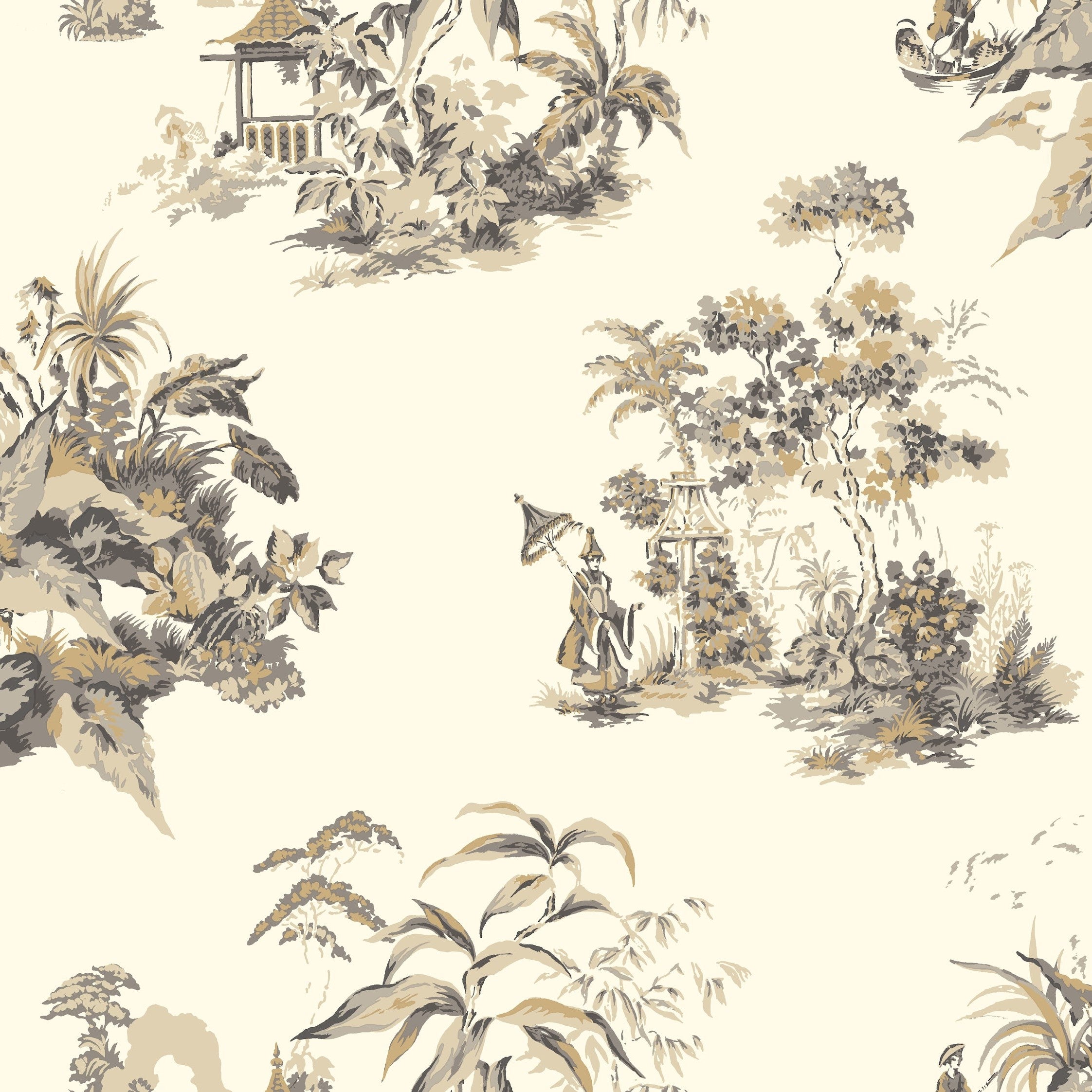 Toile Wallpaper | Oriental Scenic Design | Gold & Grey Metallic